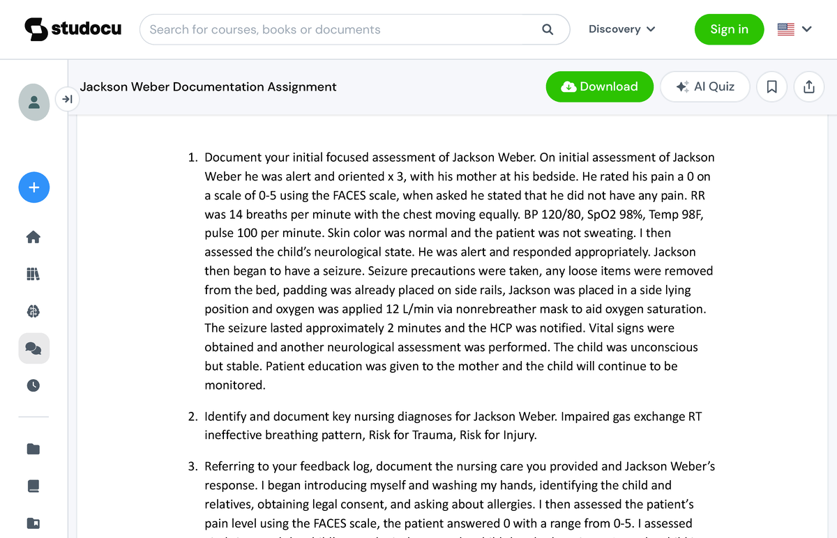 Jackson Weber Documentation Assignment - Pediatri… - Pediatric Case 1 ...