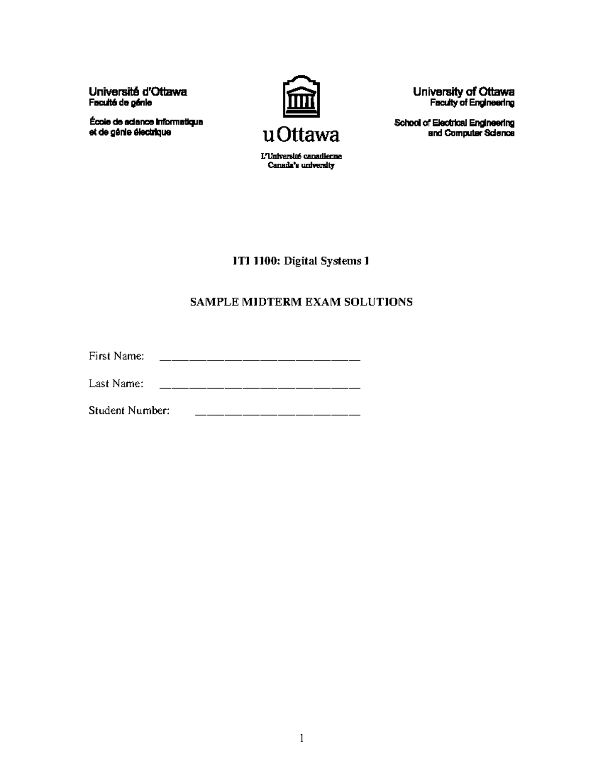 ITI 1100 Sample Midterm Solutions - ITI 1100: Digital Systems 1 SAMPLE MIDTERM EXAM SOLUTIONS ...