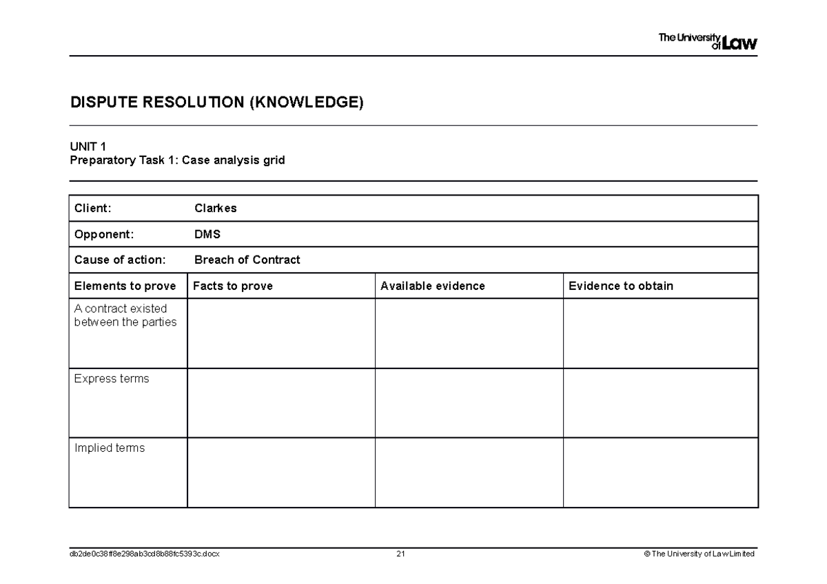 Case Analysis Grid - DISPUTE RESOLUTION (KNOWLEDGE) UNIT 1 Preparatory ...