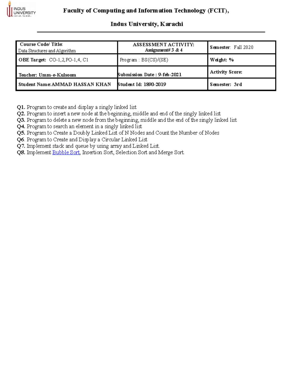 Ammad Hassan Khan 1890 2019 Dsa Assignment 03 And 04 Indus University Karachi Data Structures