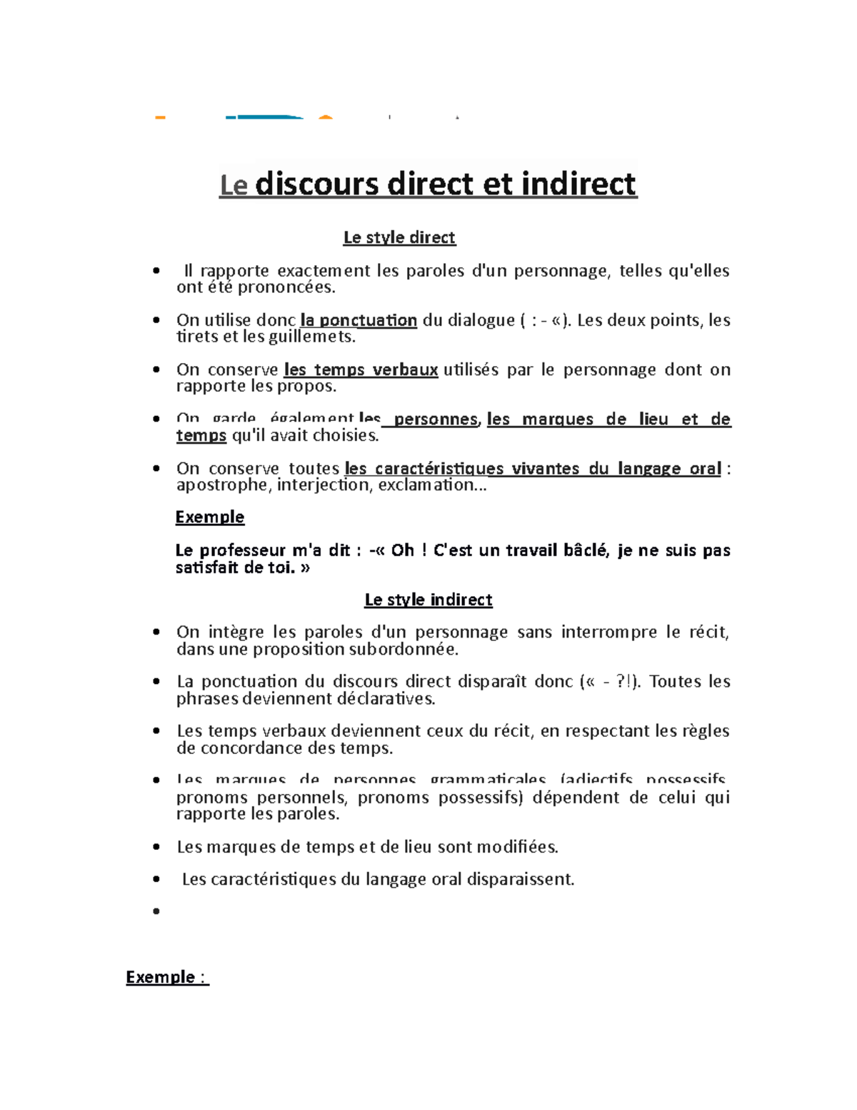 Le discours direct et indirect - • On utilise donc la ponctuation du ...