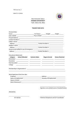 TPO Form No 1a Checklist of Ddcuments Required for OJT - TPO Form No ...