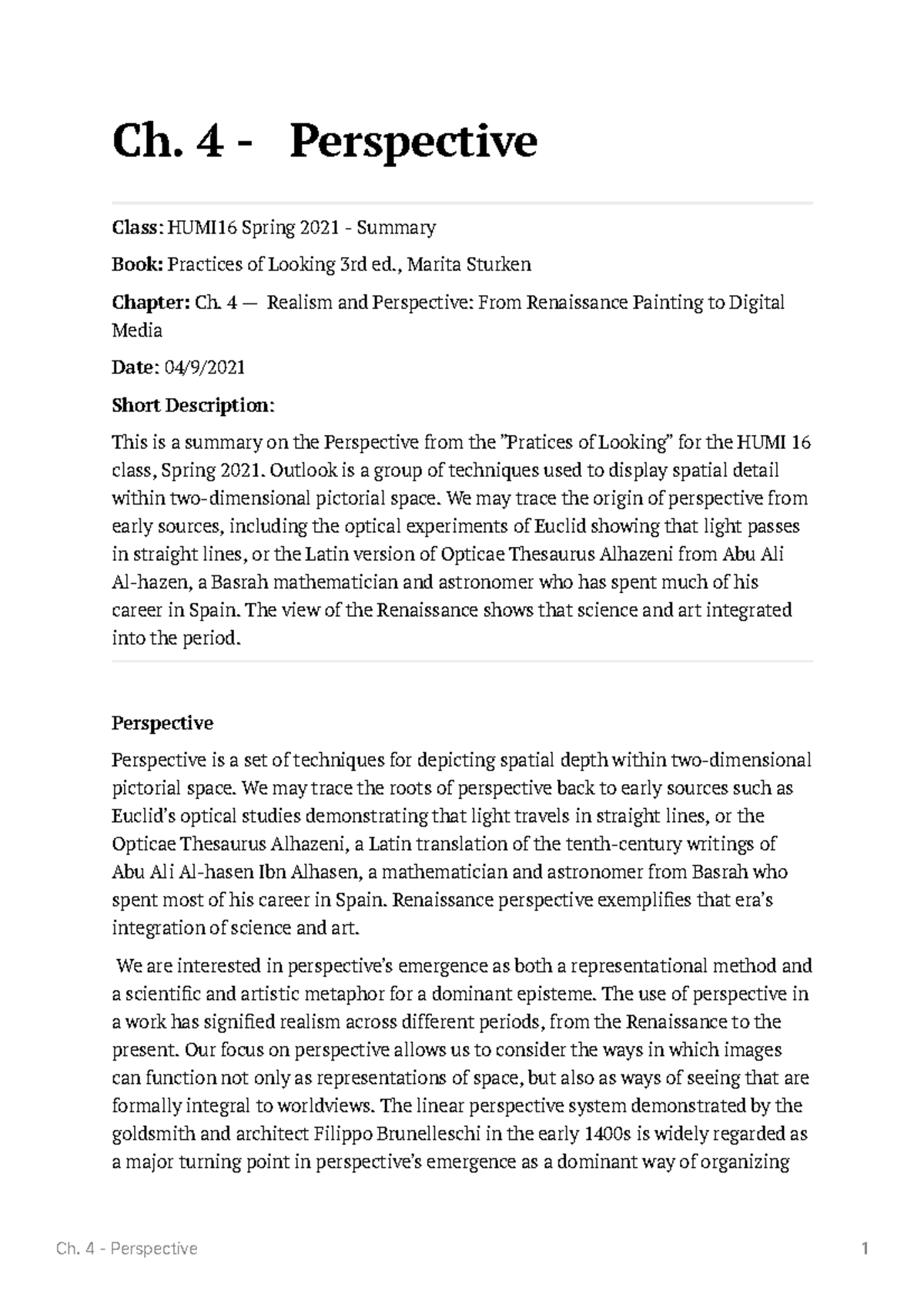 Ch. 4 - Perspective - Ch. 4 - Perspective Class : HUMI16 Spring 2021 ...