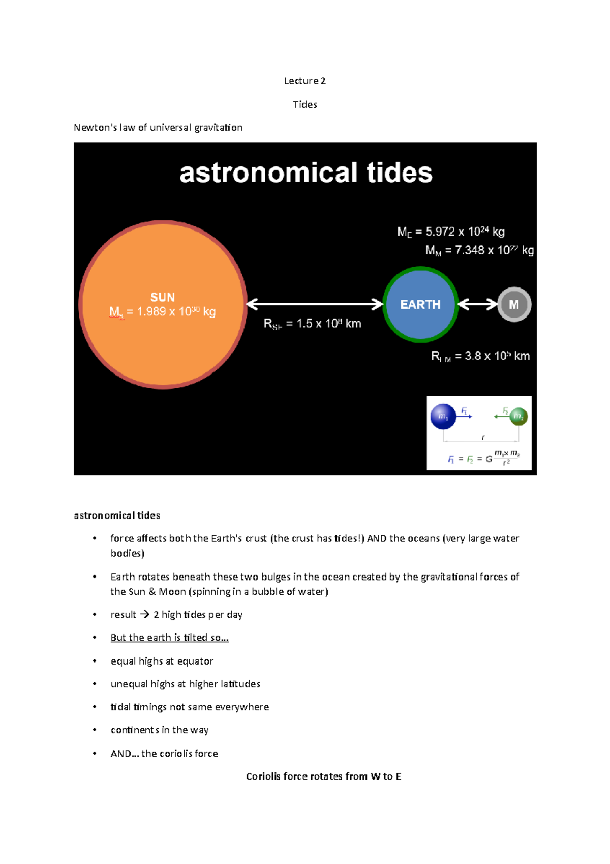 Coastal - Lecture notes 2-18 - Lecture 2 Tides law of universal ...