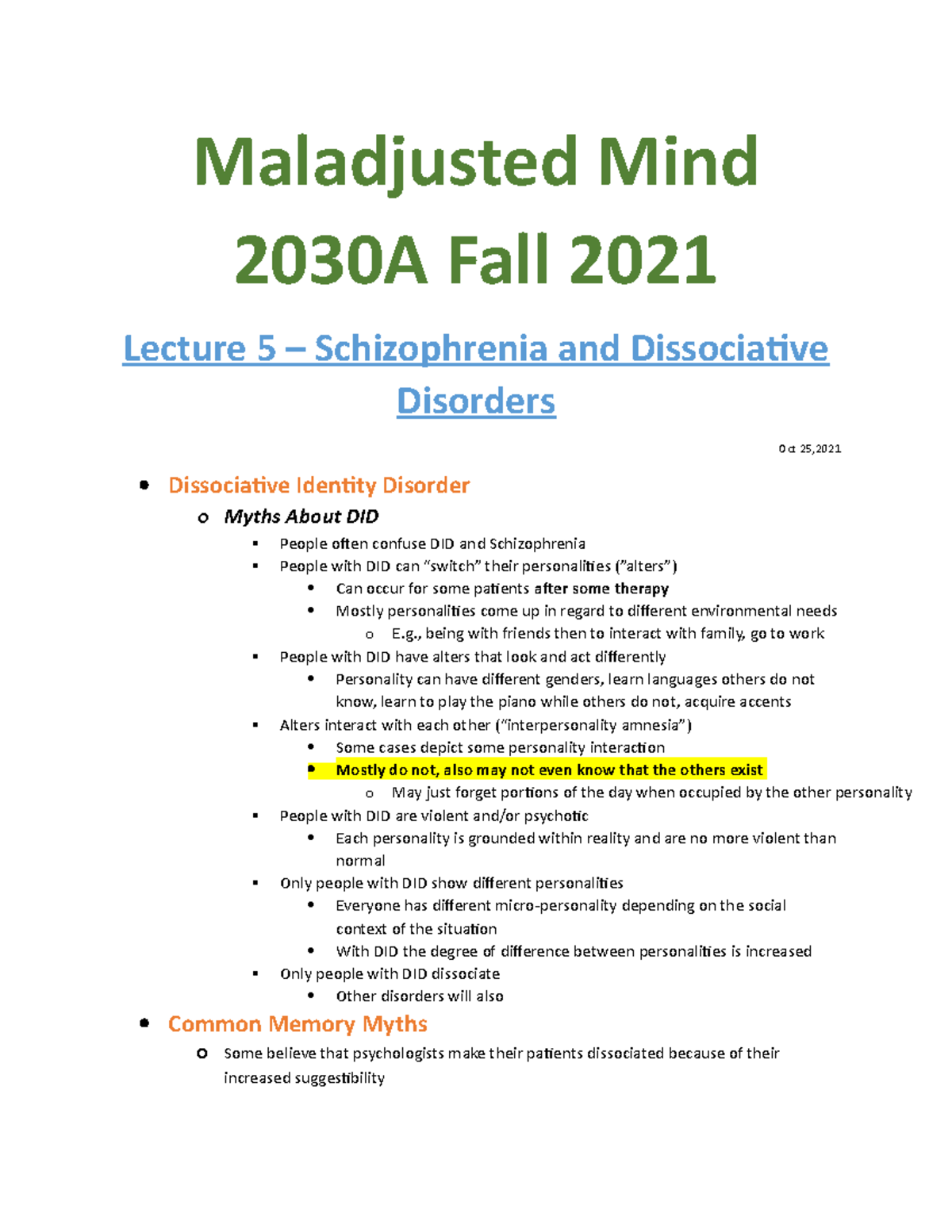 Lecture 5 - Schizophrenia and Dissociative Disorders - Psychology 2030A ...