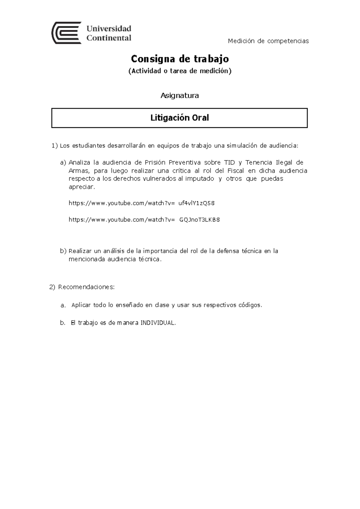 Consigna medición de competemcias Litigacion ORAL - Litigación Oral Medición de competencias ...
