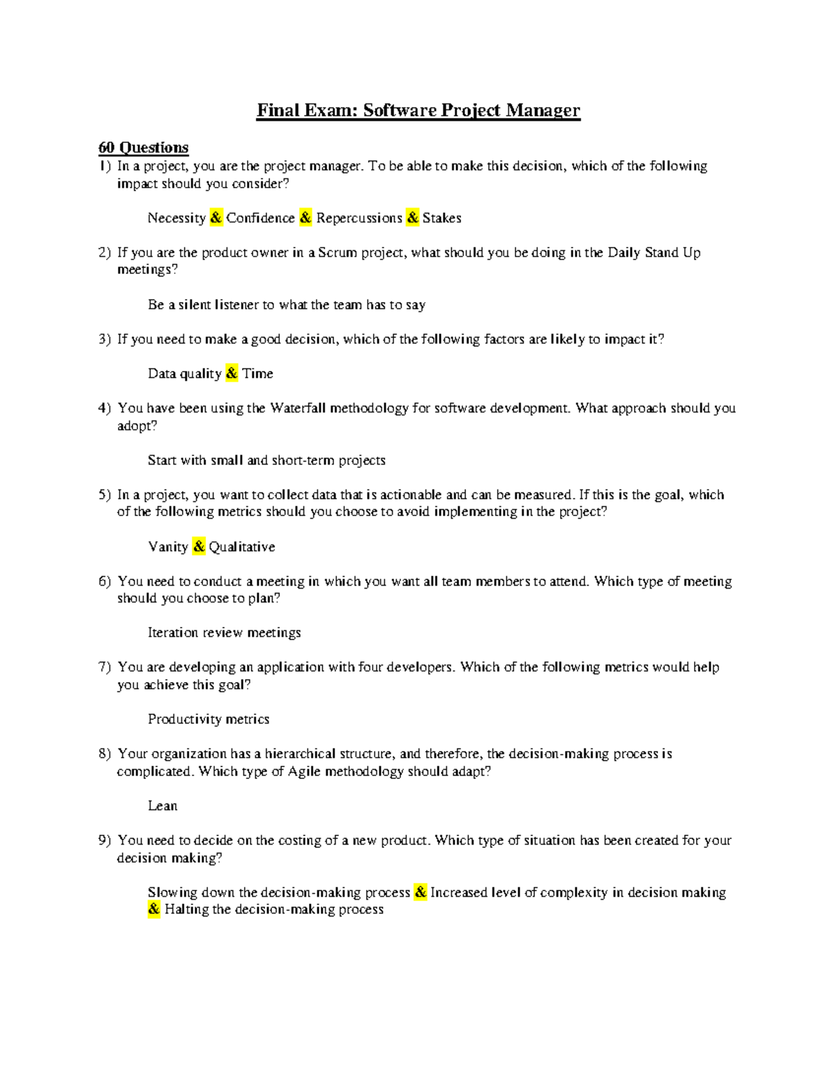 Skillsoft Software Project Manager Final Exam - Final Exam: Software ...