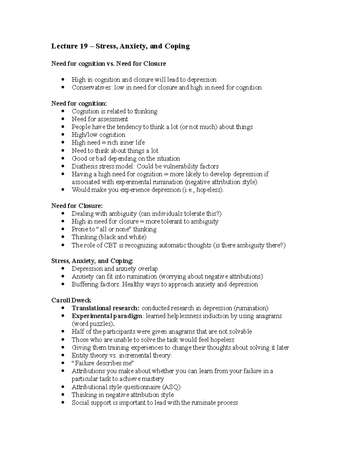 Week 12 - Lecture notes 12 - Lecture 19 – Stress, Anxiety, and Coping ...