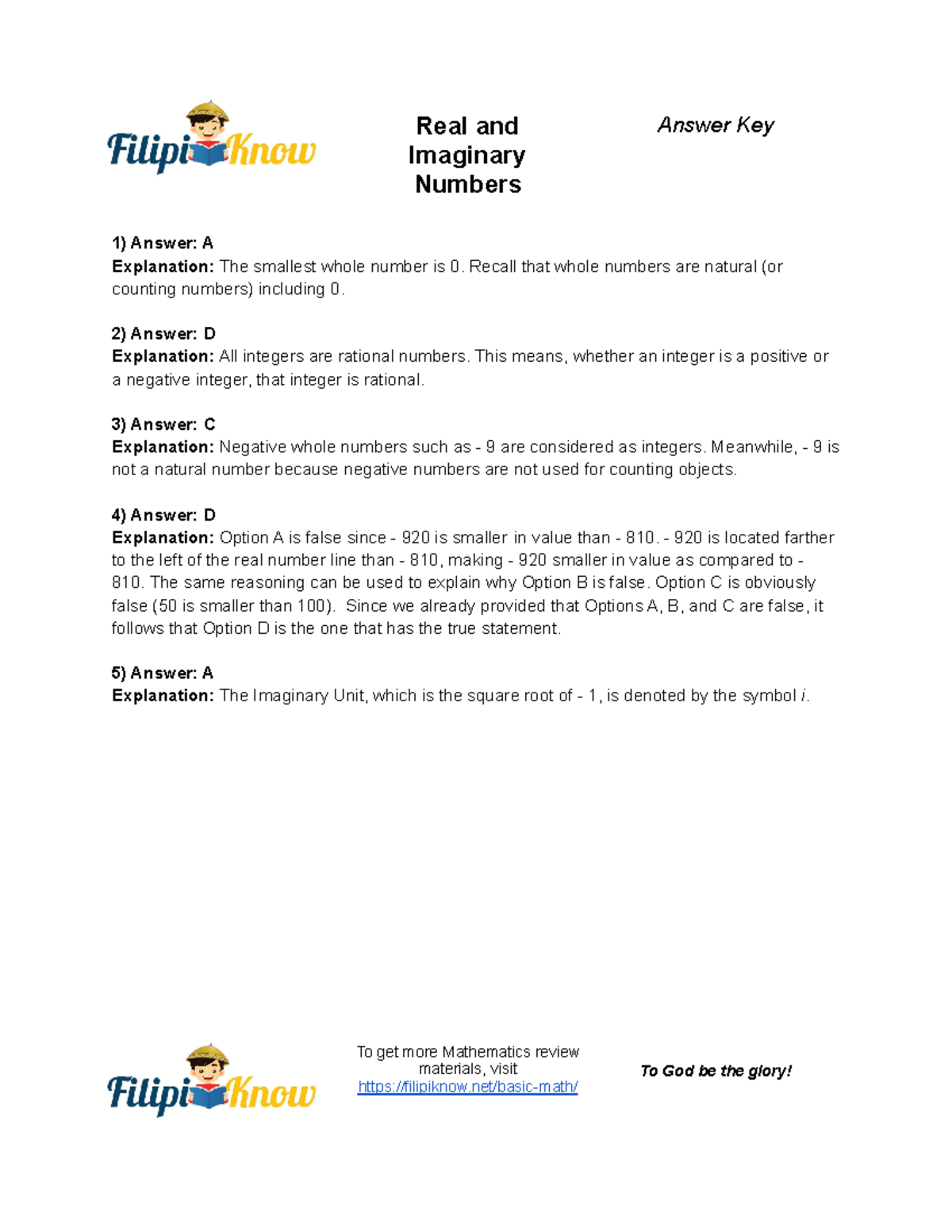 Real and Imaginary Numbers Answer Key - Real and Imaginary Numbers ...