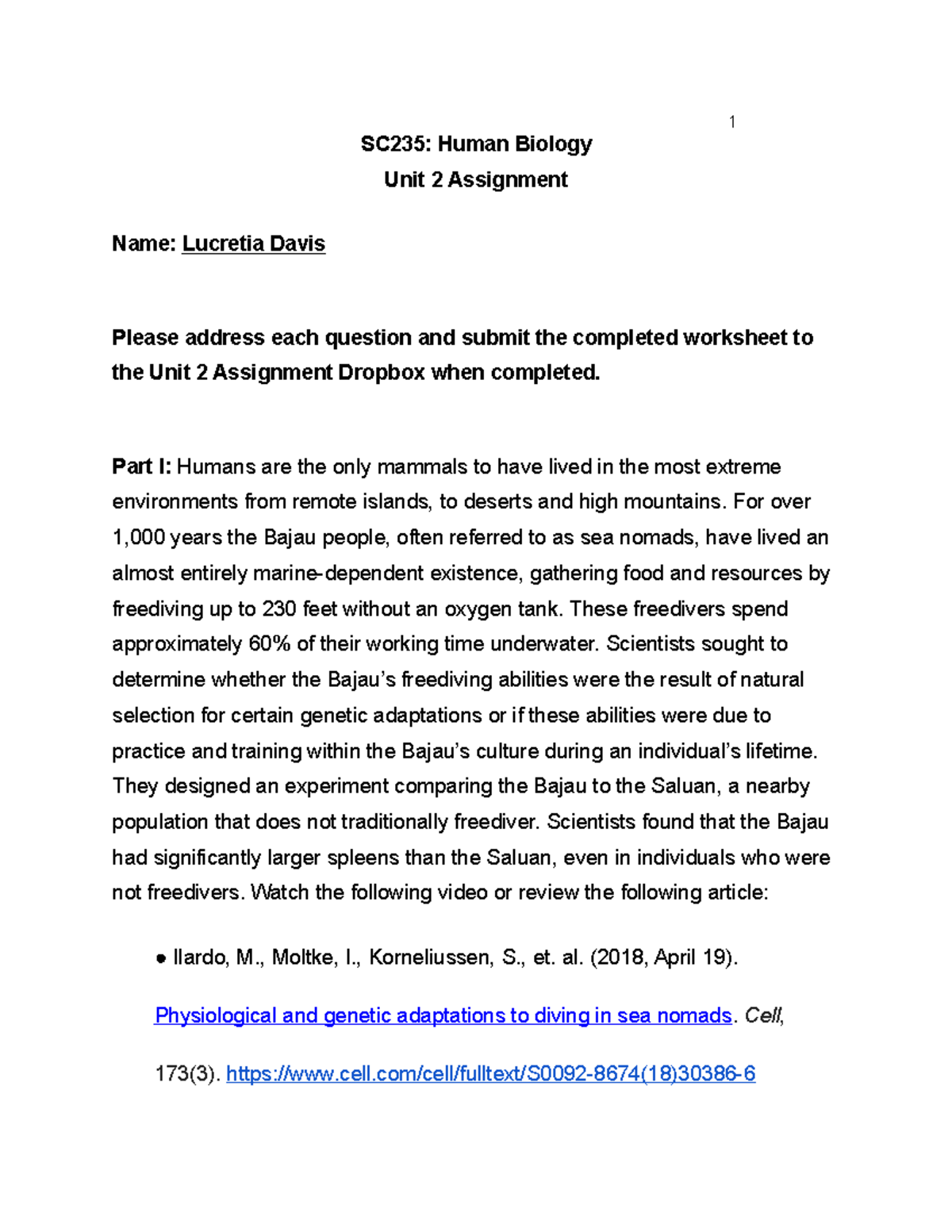 SC235 Unit 2 Assignment - SC235: Human Biology 1 Unit 2 Assignment Name ...