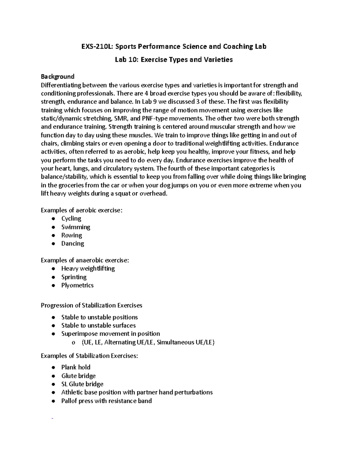 Lab 10 Wksht - Exercise Types and Varieties - EXS-210L: Sports ...