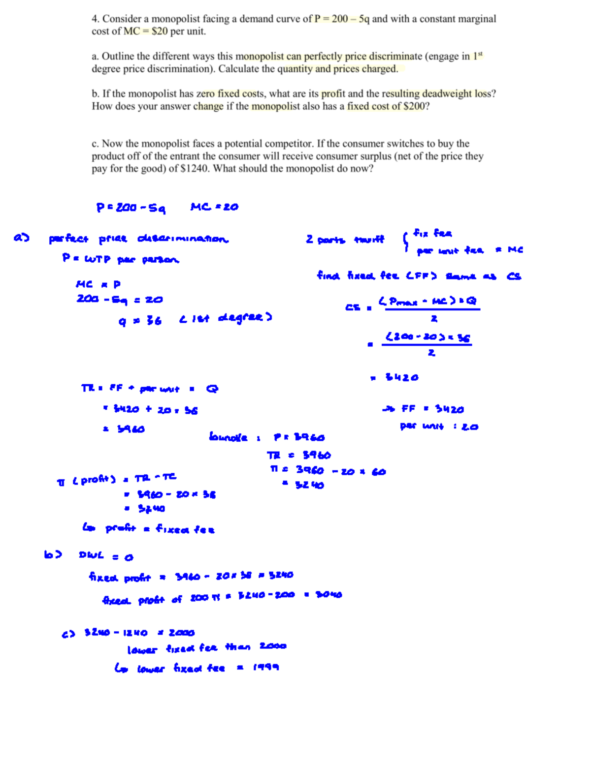 2001 Tutorial 9 Week 10 - P = 200 - 5a MC = 20 ab perfect price ...
