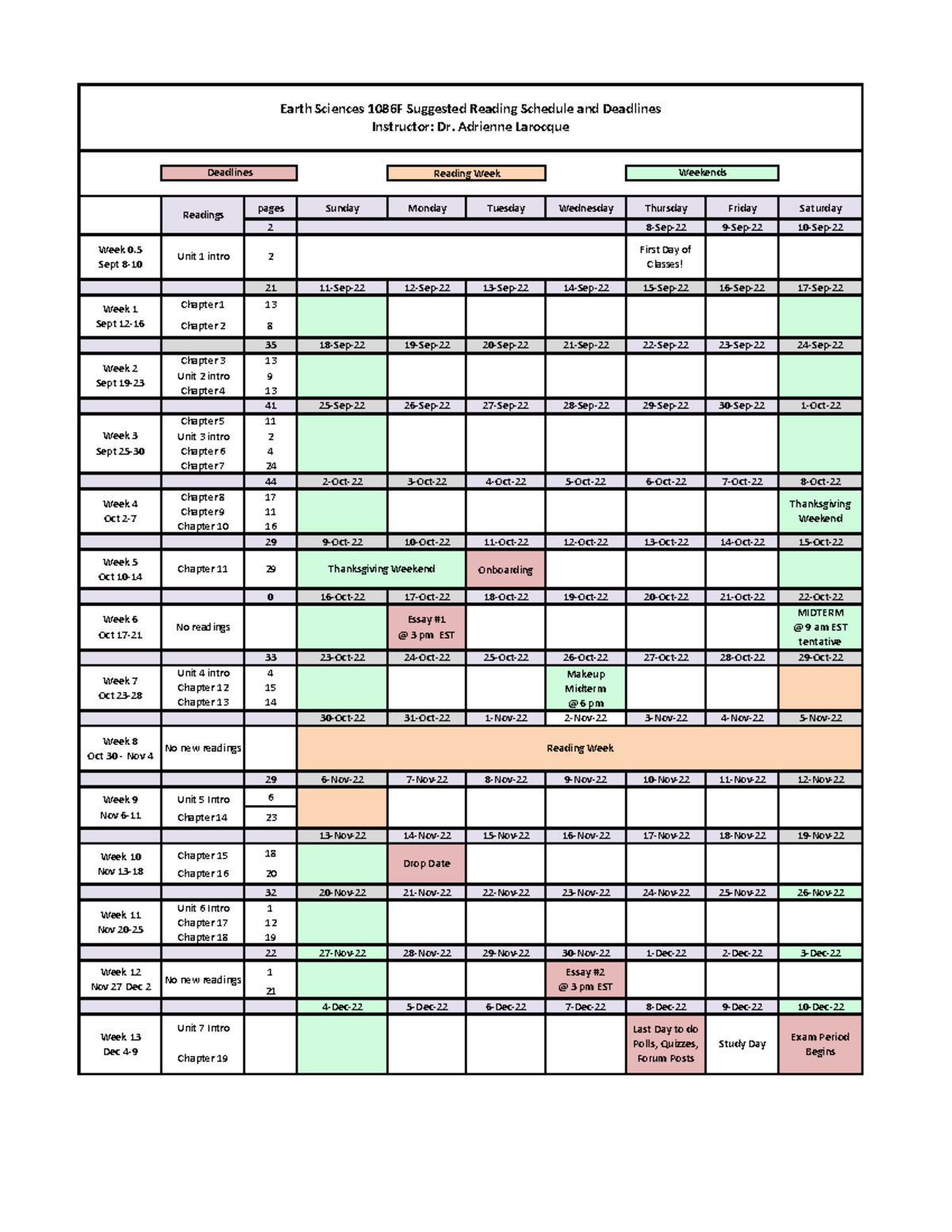 1086F schedule fall 2022 - pages Sunday Monday Tuesday Wednesday Thursday Friday Saturday 2 8 ...