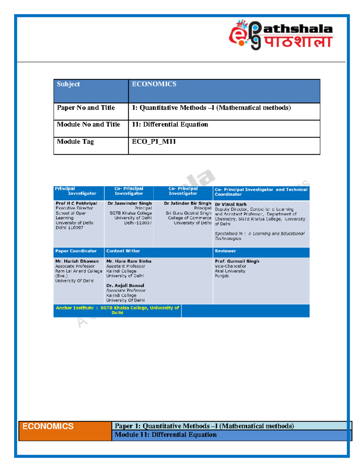 Module No and Title 11: Differential Equation - ECONOMICS Paper 1: Quantitative Methods – I ...