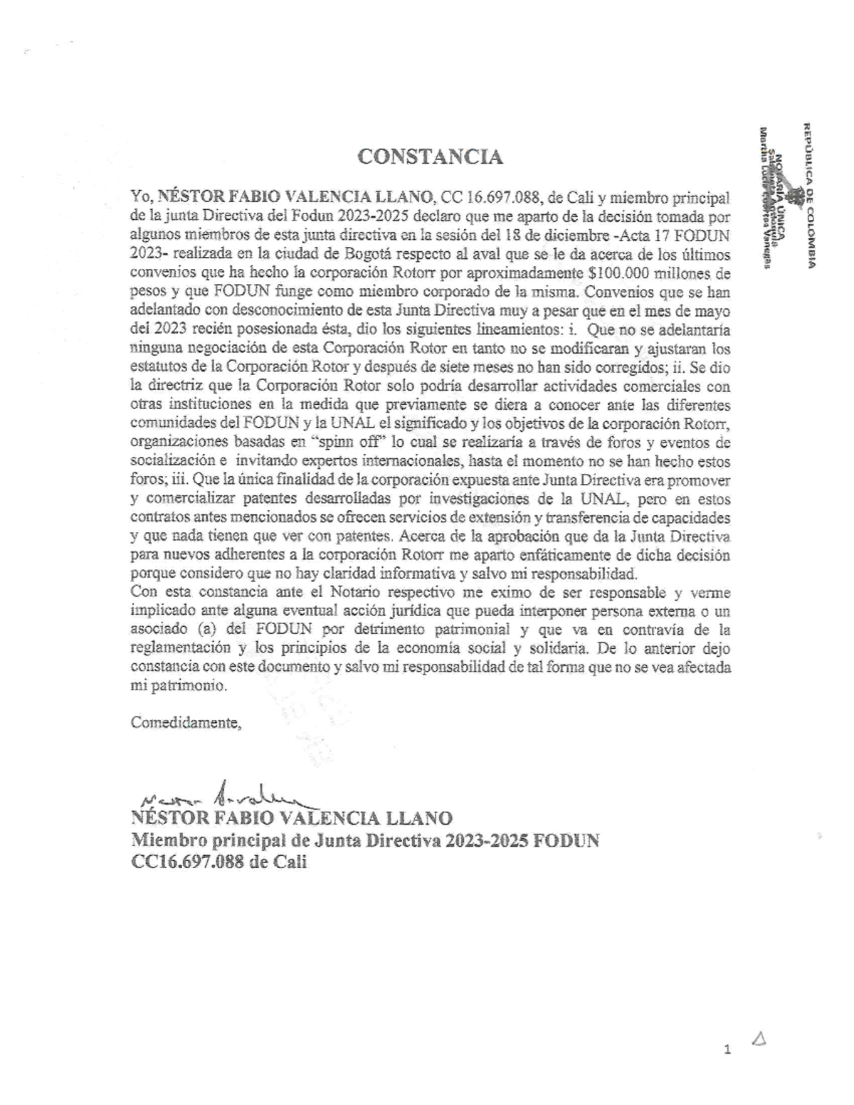 Constancia Rotorr - BIEN - CONSTANCIA Yo, NÉSTOR FABIO VALENCIA LLANO ...