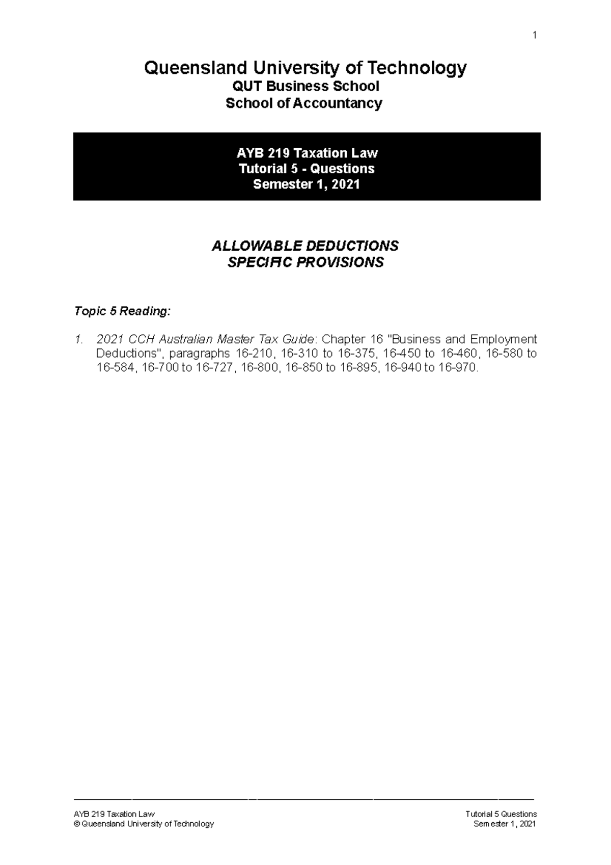 taxation law tutorial questions week 5 - Queensland University of ...