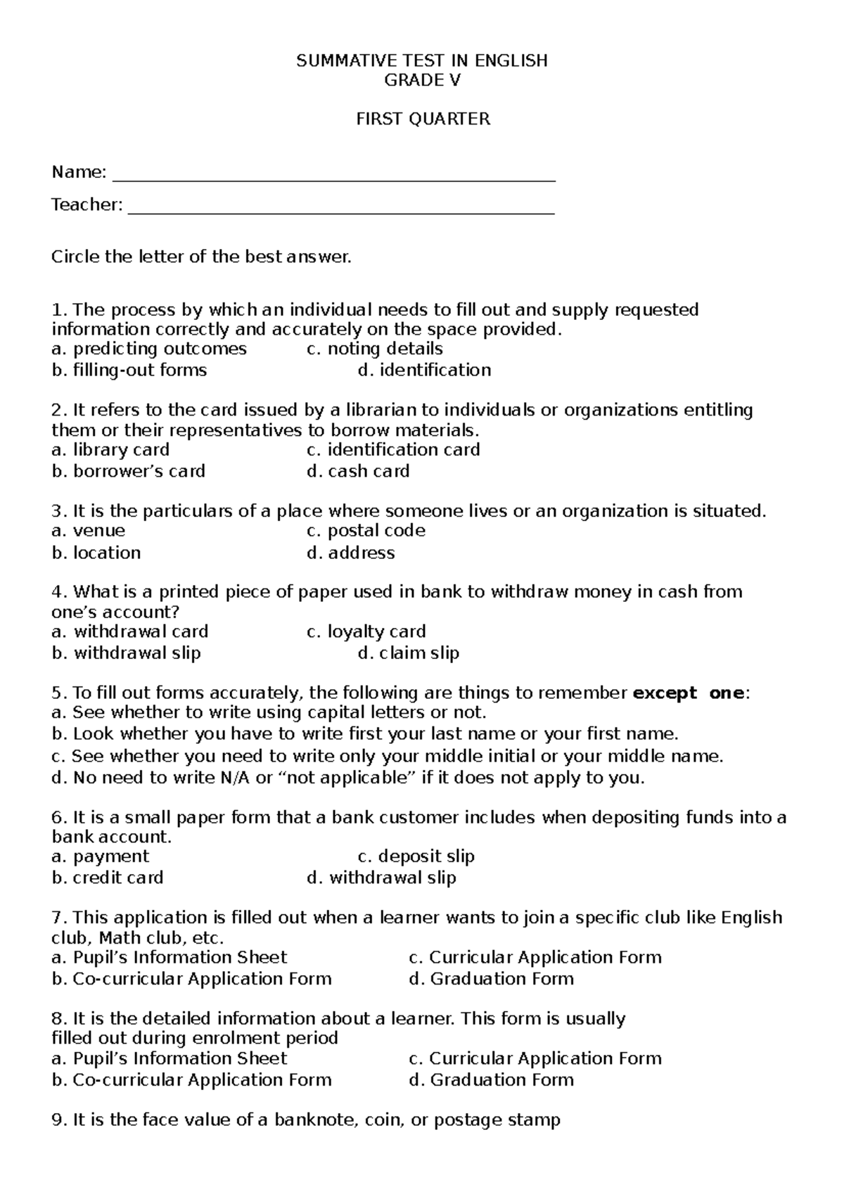 TEST-IN- English - SUMMATIVE TEST IN ENGLISH GRADE V FIRST QUARTER Name ...