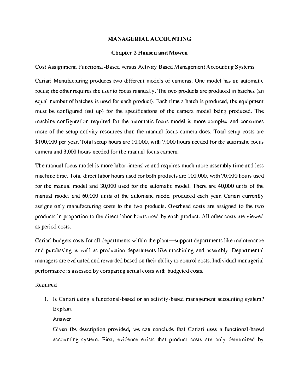 Managerial Accounting Chapter 2 Cost Assignment - MANAGERIAL ACCOUNTING Chapter 2 Hansen and ...