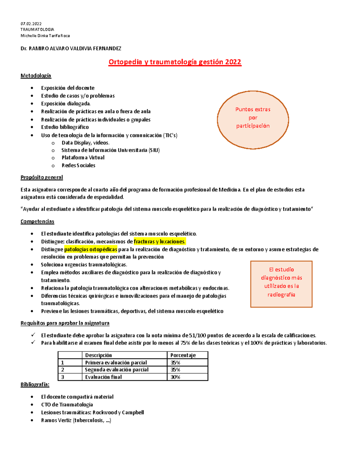 Clase #1 INTRODUCCION - 07. TRAUMATOLOGIA Michelle Dinka Tarifa Roca Dr ...