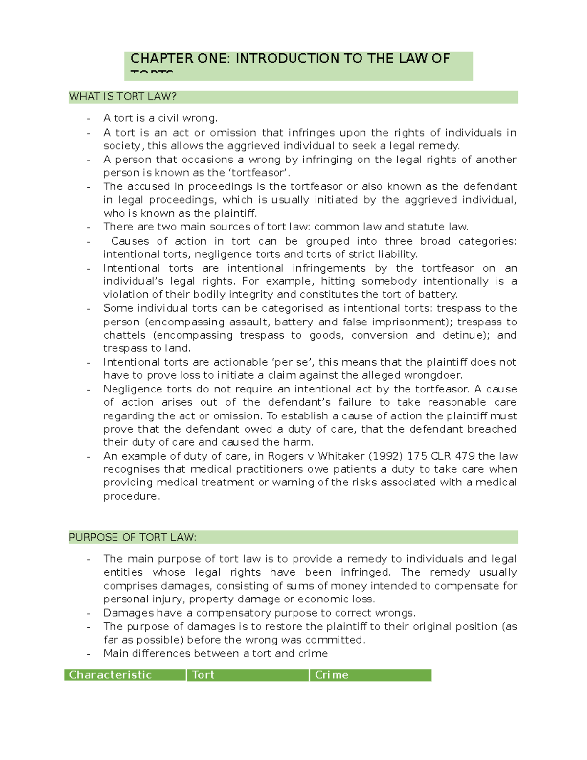 Chapter one - torts - WHAT IS TORT LAW? A tort is a civil wrong. A tort ...