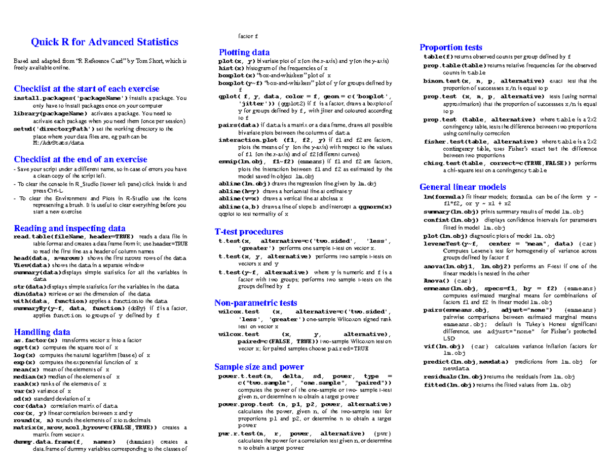 R refcard -v1 - For computer practicum - Quick R for Advanced Statistics Based and adapted from ...