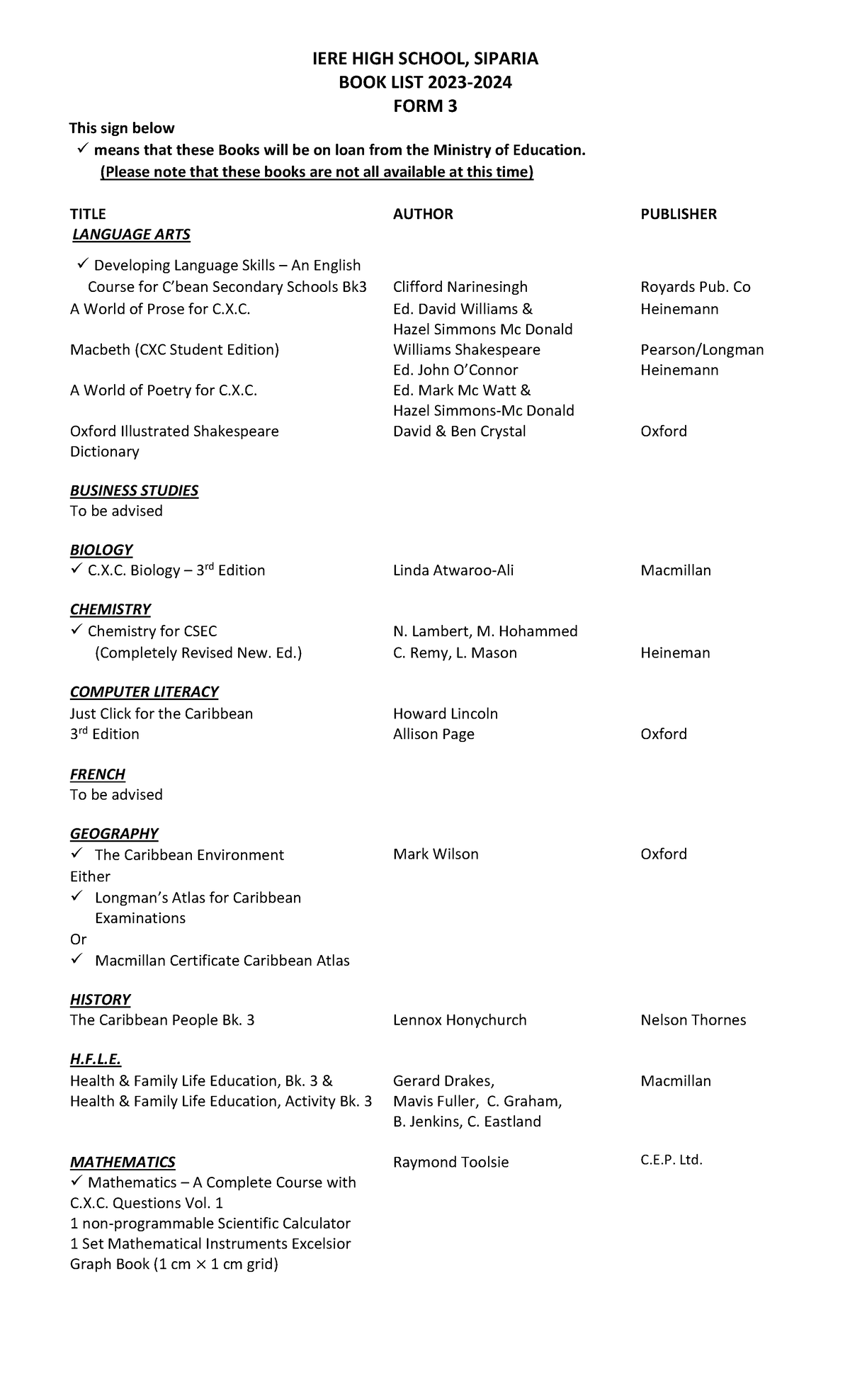 Form 3 - D4GTTG5Y - IERE HIGH SCHOOL, SIPARIA BOOK LIST 2023- FORM 3 ...