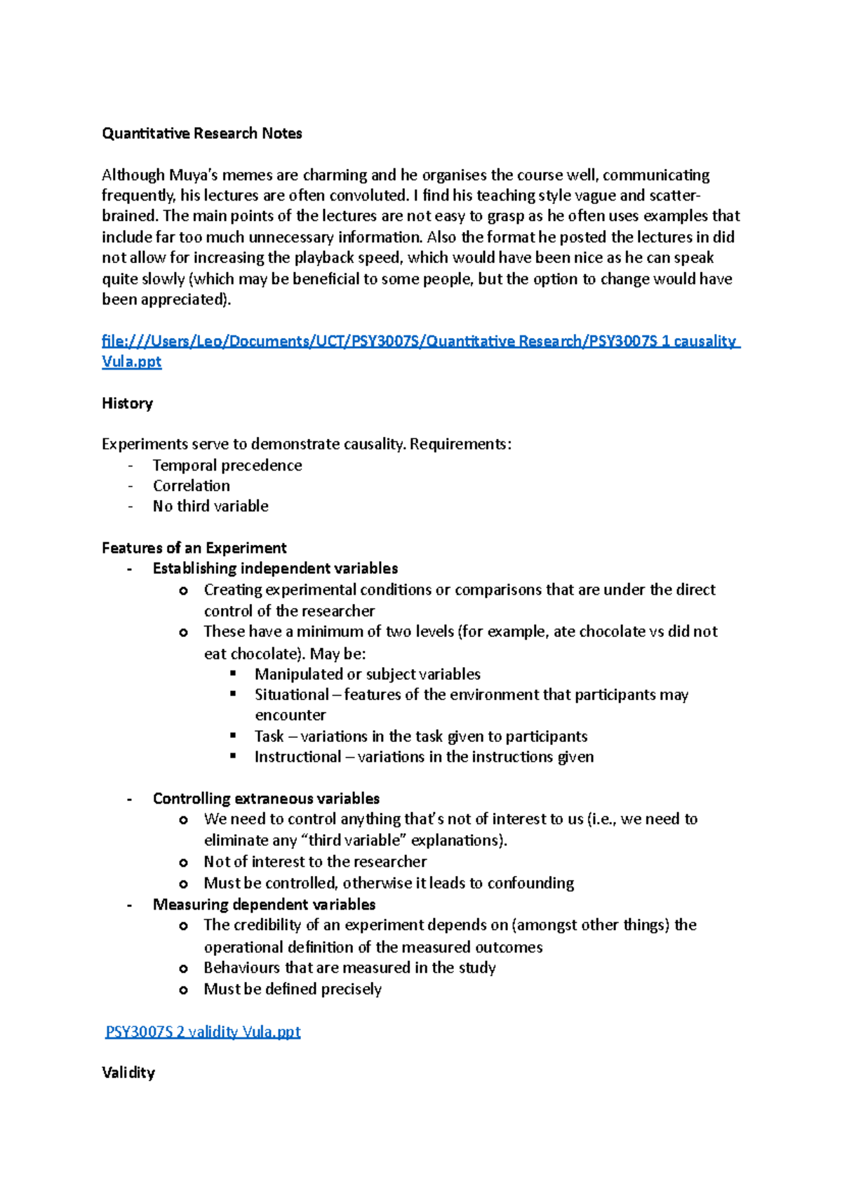 Quantitative Research Notes - Lecture Breakdown - PSY3007S - UCT - Studocu