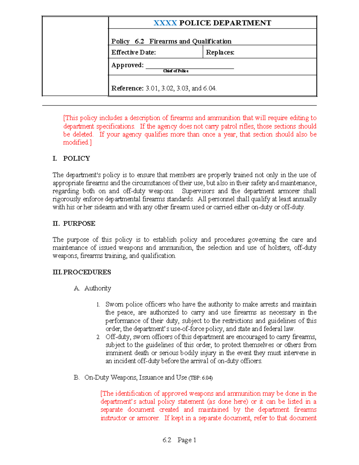 6.2 Firearms and Qualifications - XXXX POLICE DEPARTMENT Policy 6 ...