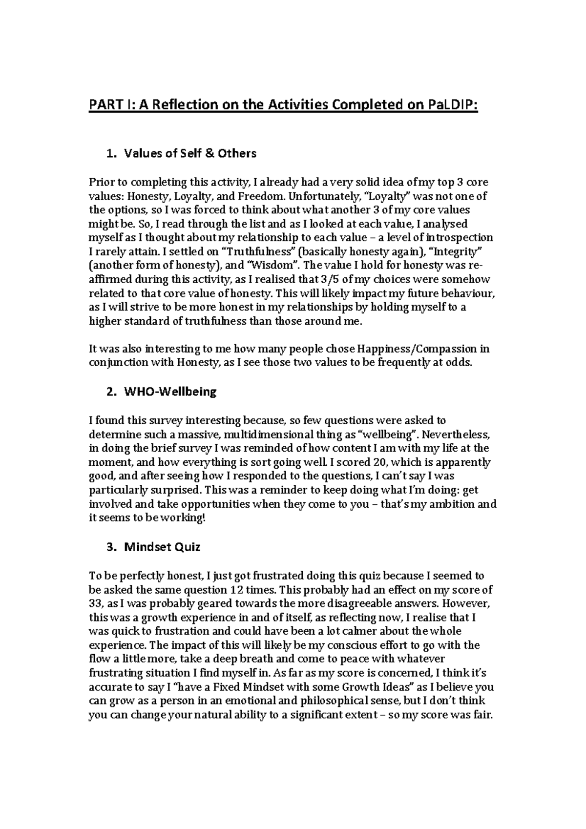 Personal Leadership Development Plan Sem1 - PART I: A Reflection on the ...