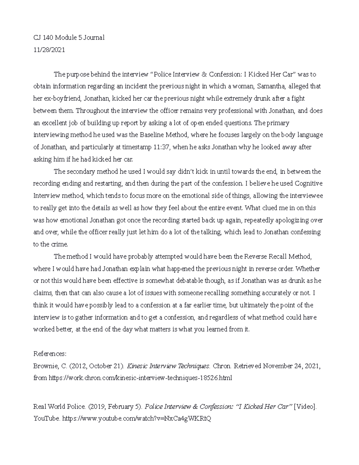 CJ 140 Module 5 Journal - For this assignment we were required to watch ...