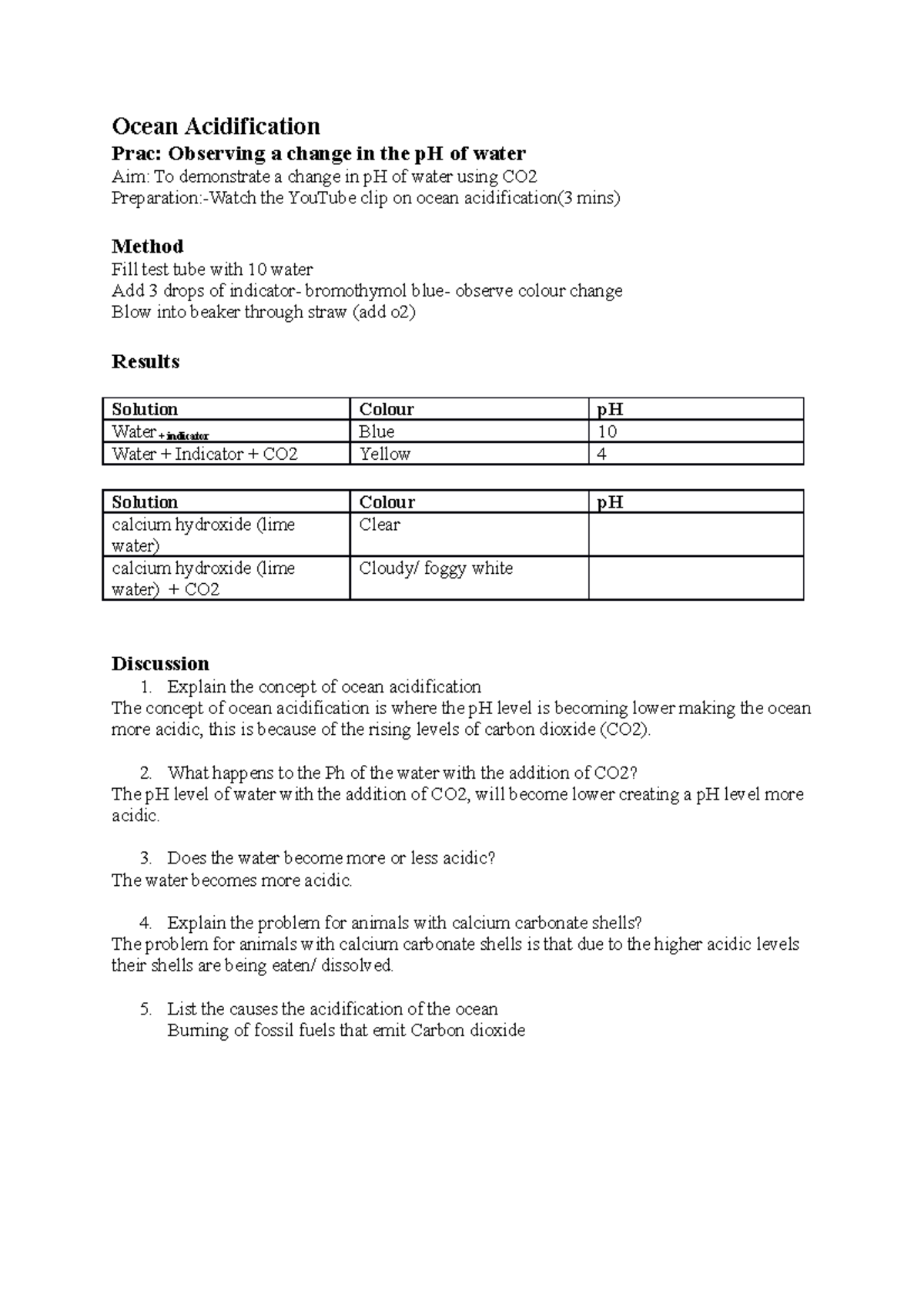 Ocean Acidification prac - Ocean Acidification Prac: Observing a change ...