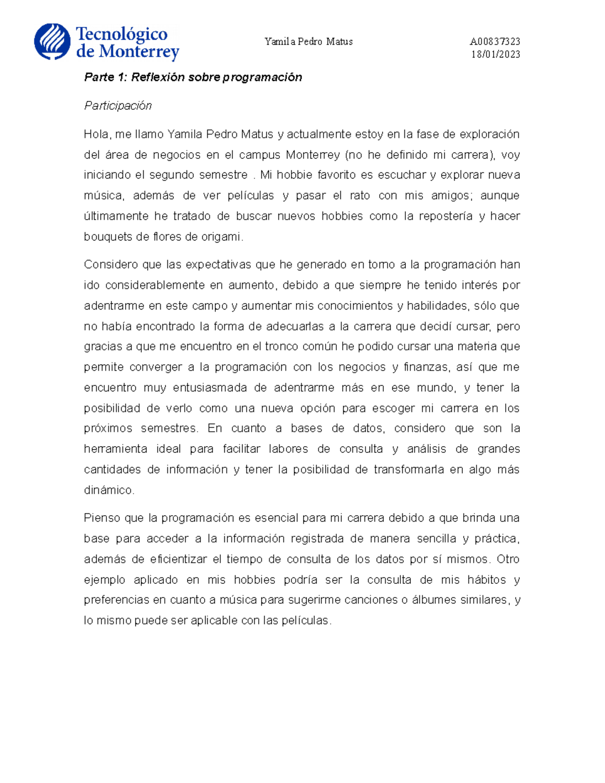 Actividad 4 Reflexión - 18/01/ Parte 1: Reflexión sobre programación ...