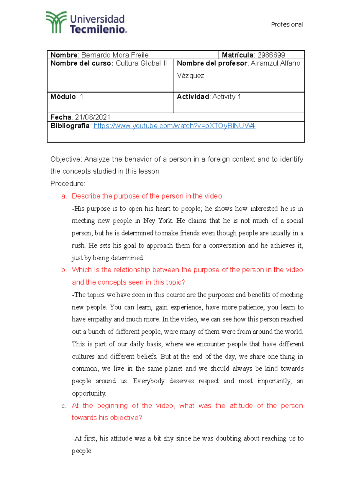 Actividad 1 Cultura - Profesional Nombre : Bernardo Mora Freile ...