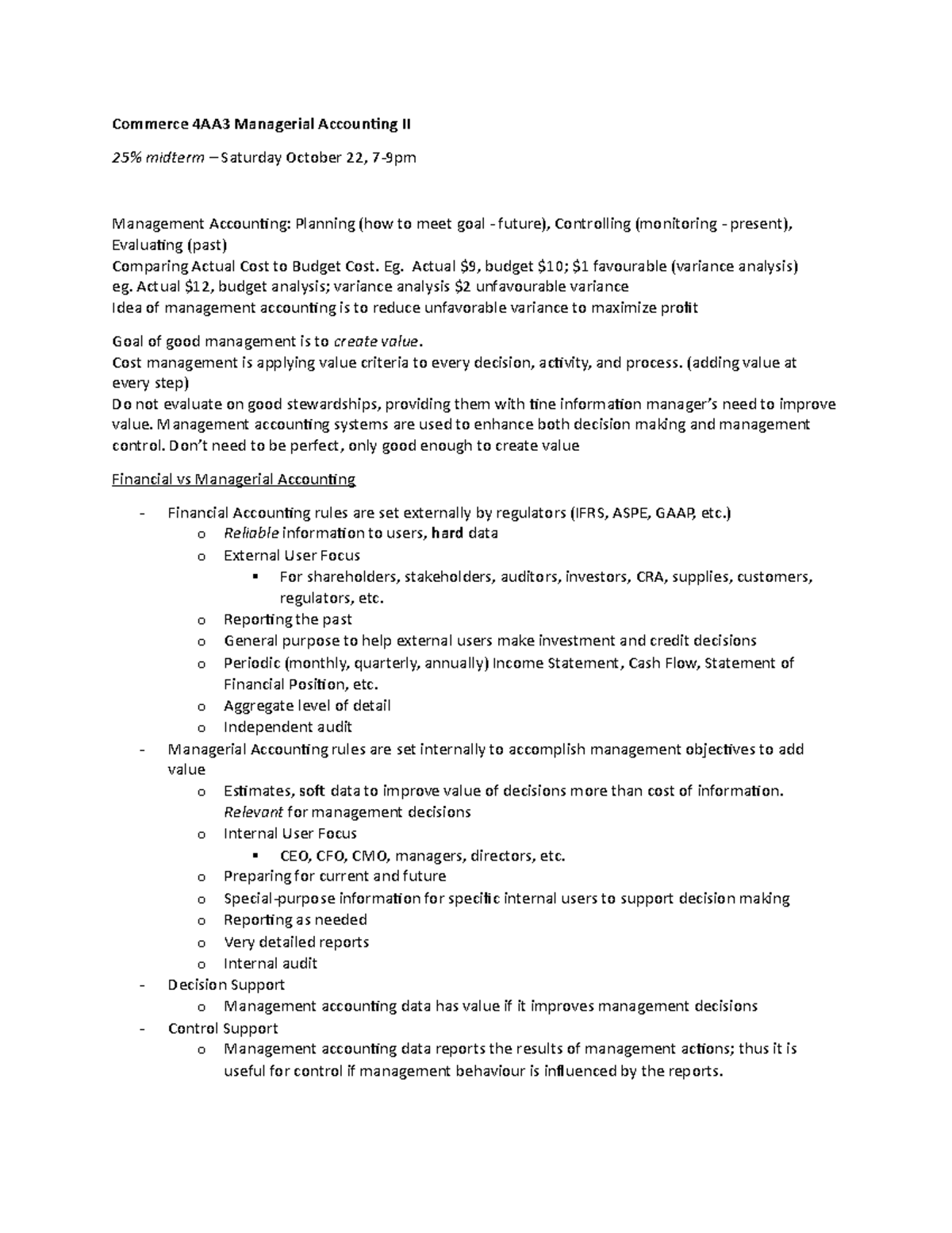 4AA3 Managerial Accounting - Eg. Actual $9, budget $10; $1 favourable ...