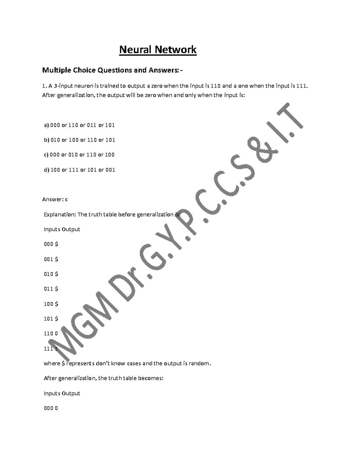 Neural Network Assignment Neural Network Multiple Choice Questions And Answers A 3 Input
