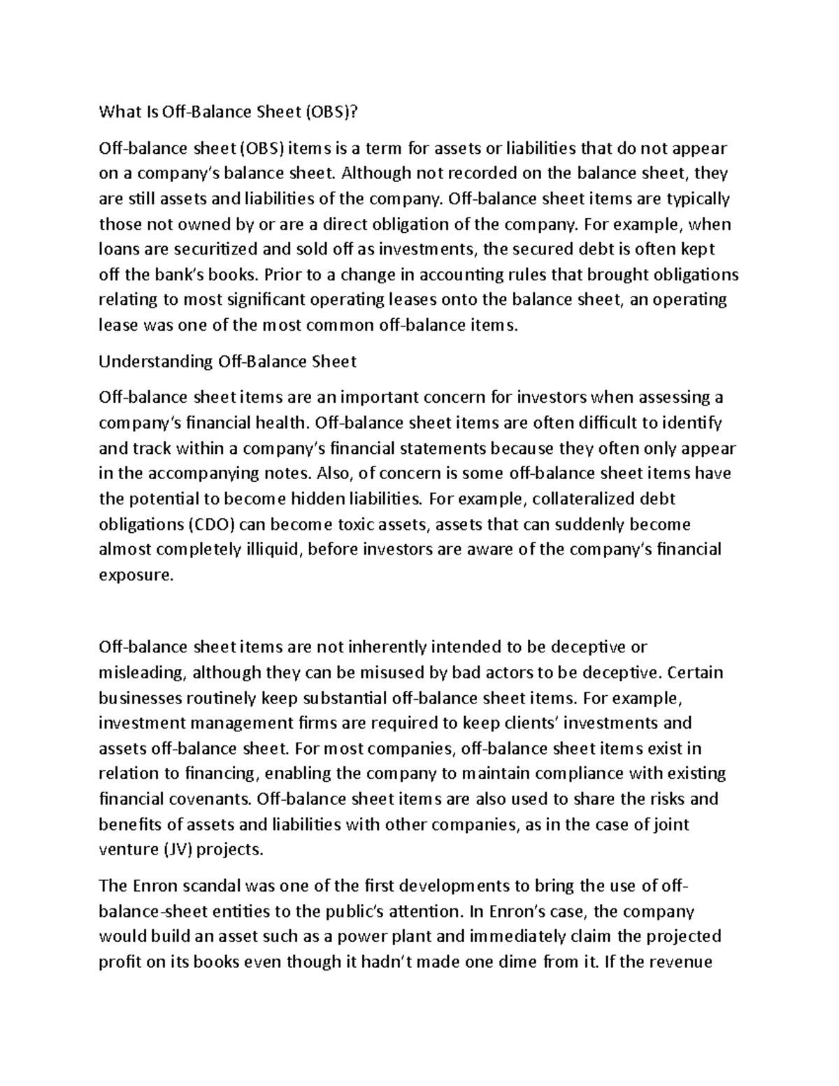 Off Balance Sheet What Is Off Balance Sheet OBS Off balance Sheet