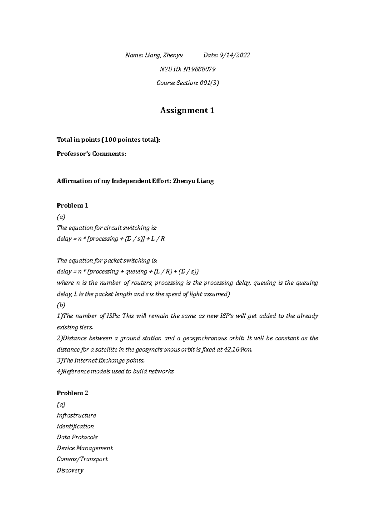 Hw 1 Hw1 Name Liang Zhenyu Date 914 Nyu Id N Course Section 0013 Assignment 1 Total