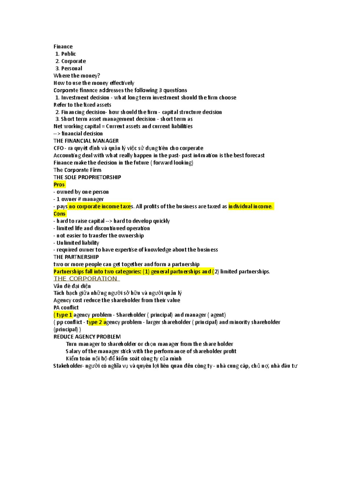 Chapter 1 - note - Finance 1. Public 2. Corporate 3. Personal Where the ...