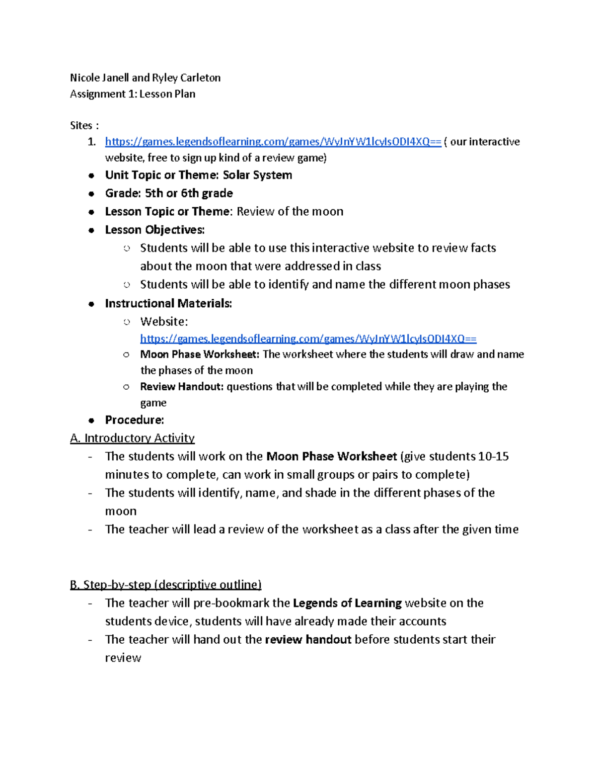 Assignment 1- Lesson plan Seminar - Nicole Janell and Ryley Carleton ...