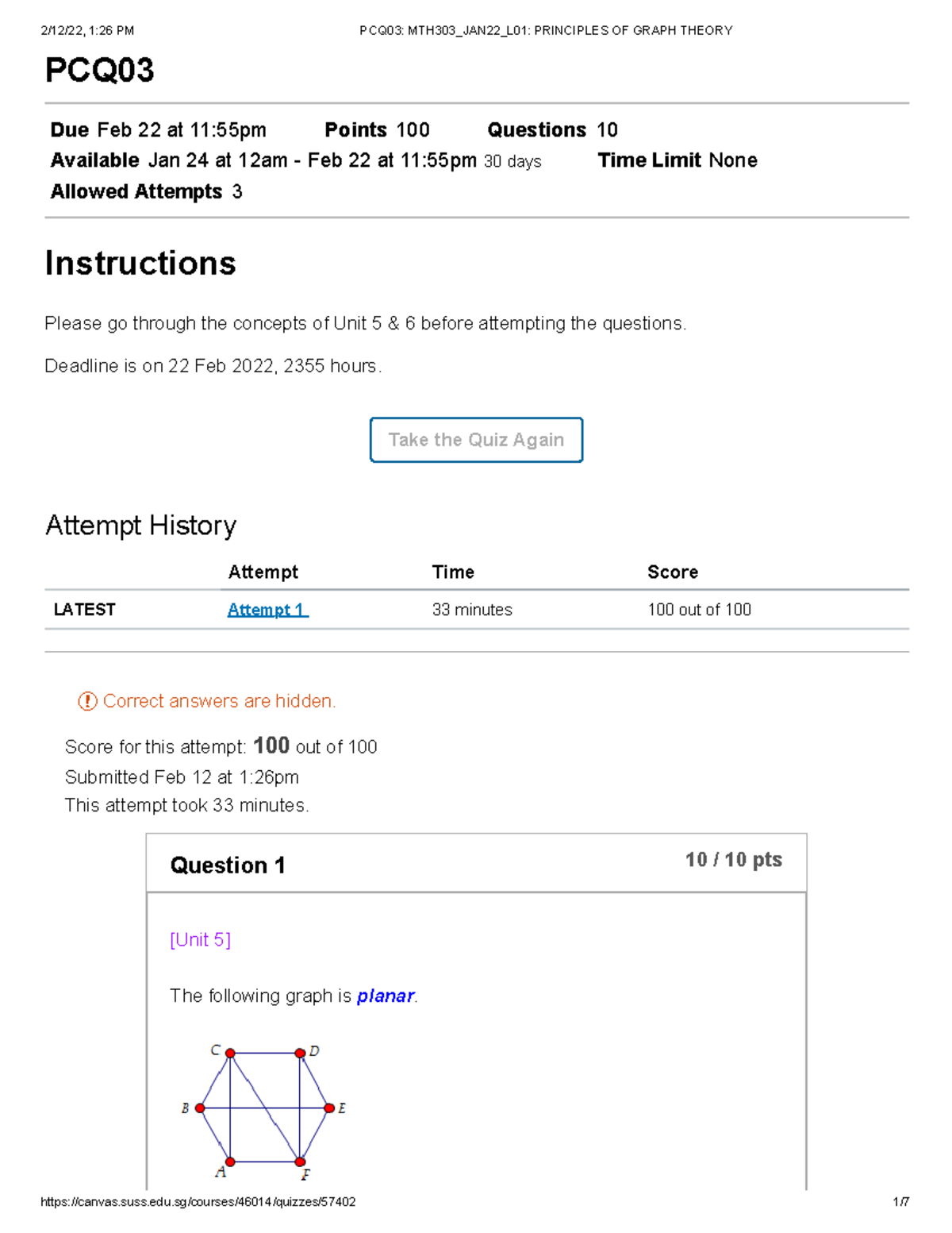 PCQ03 MTH303 JAN22 L01 Principles OF Graph Theory attempt 1 - PCQ Due Feb 22 at 11:55pm Points ...