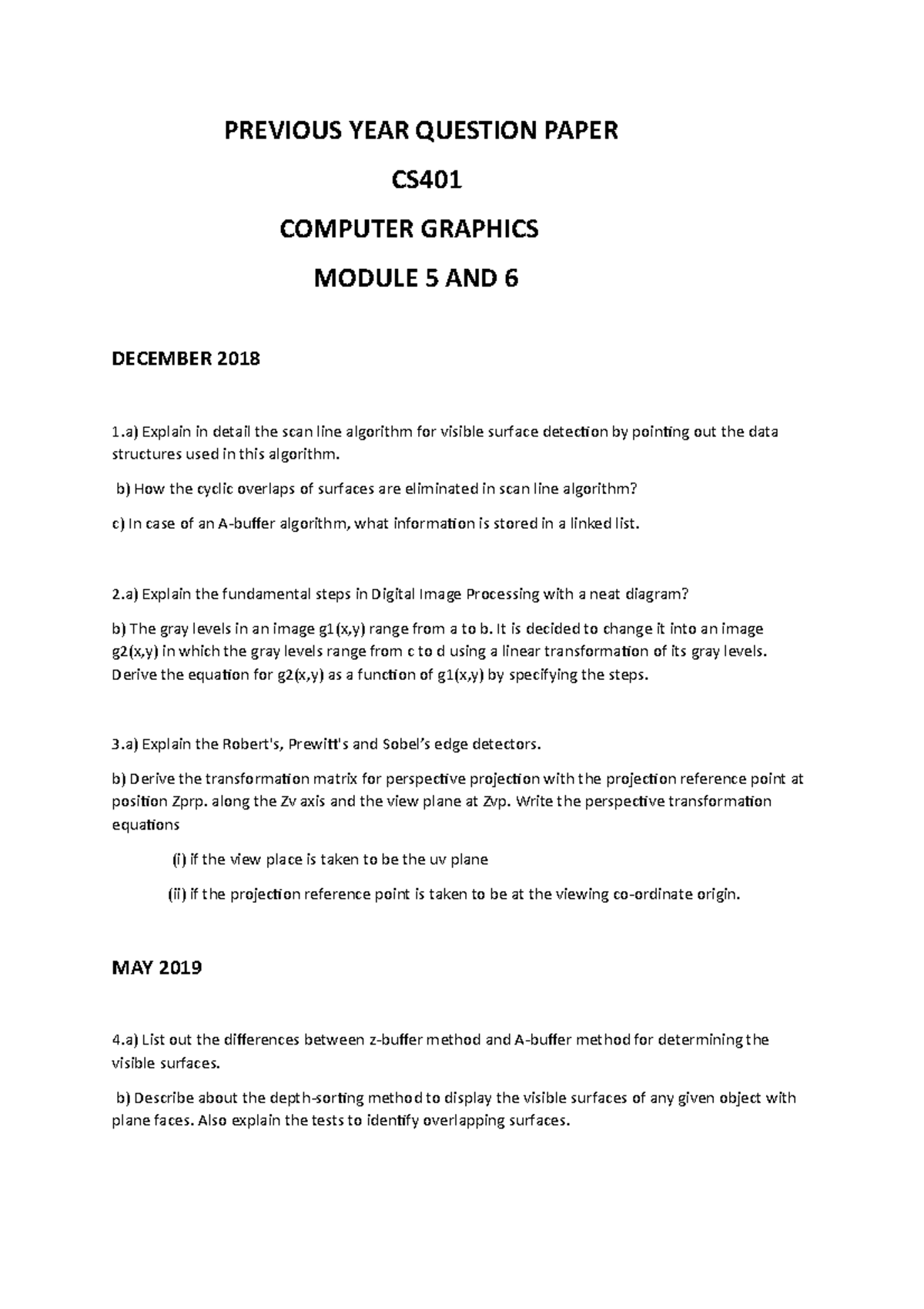 CS401 PP PREV QP M5 M6 - COMPUTER GRAPHICS PREVIOUS YEAR QUESTION PAPER MODULE 5 AND MODULE 6 ...