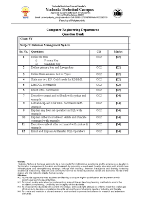 DBMS LAB Manual - LAB MANUAL B Tech 4 th CSE DATABASE MANAGEMENT SYSTEM LAB INDEX S. No Contents ...
