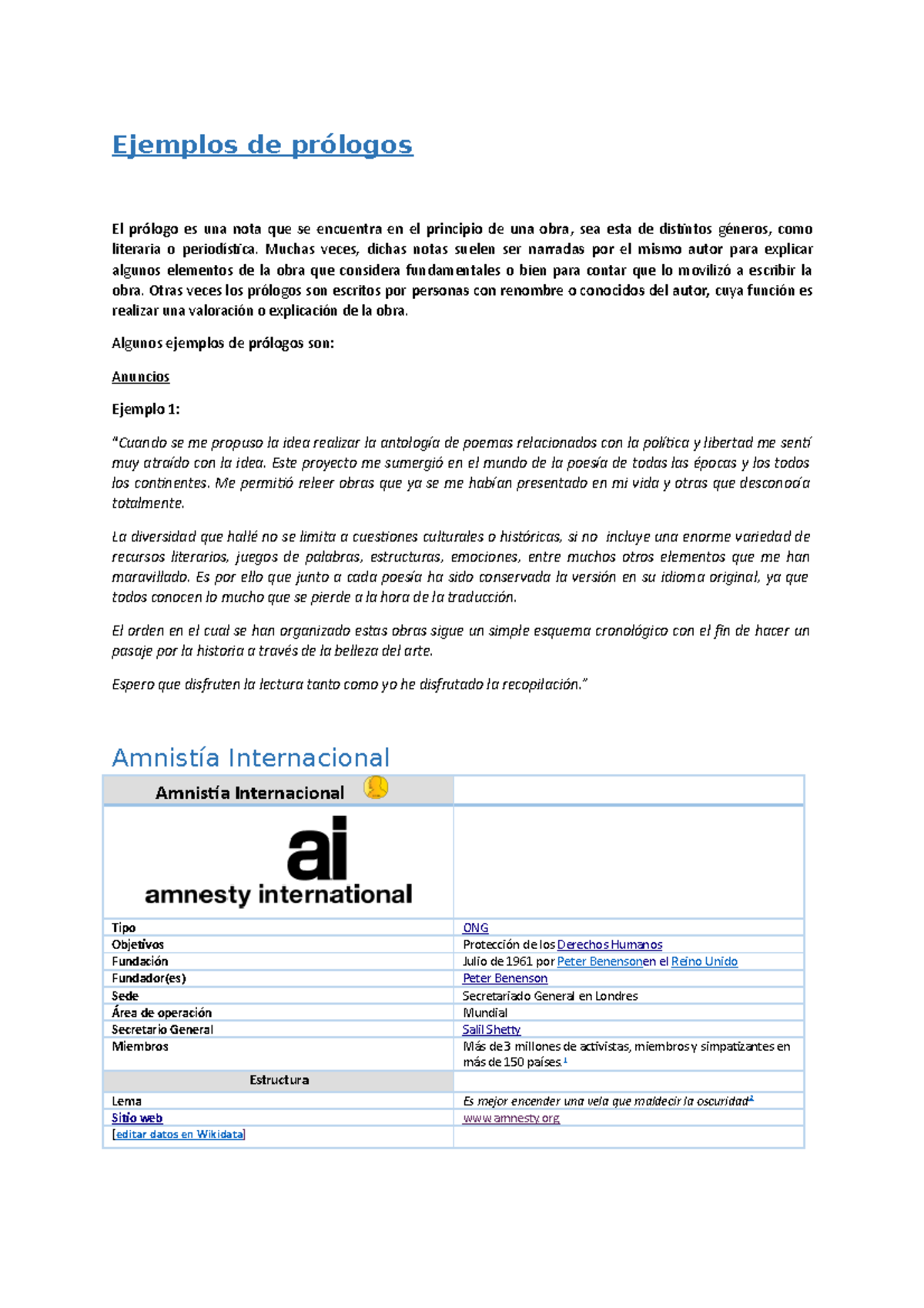 Documento 13 - SON TODAS LAS PRACTICAS DEL SEMESTRE - Ejemplos de prólogos El prólogo es una ...