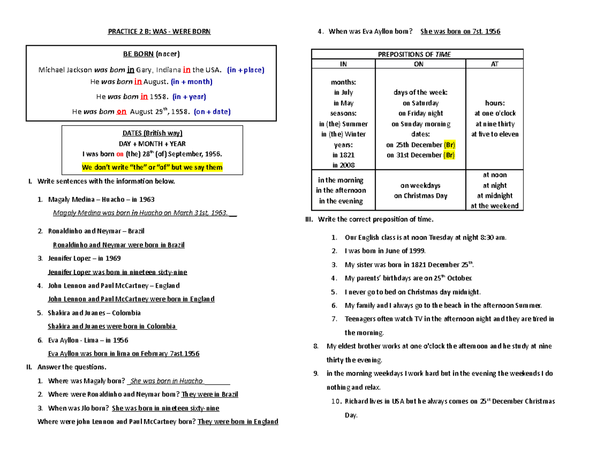 Practice 2 B WAS WERE BORN (1) JOTA - PRACTICE 2 B: WAS - WERE BORN I ...