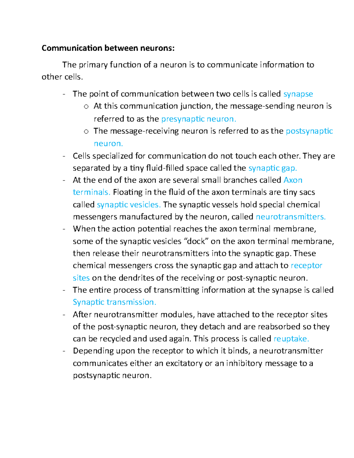 Chapter 2 Lecture Notes 5 Communication Between Neurons The Primary Function Of A Neuron Is