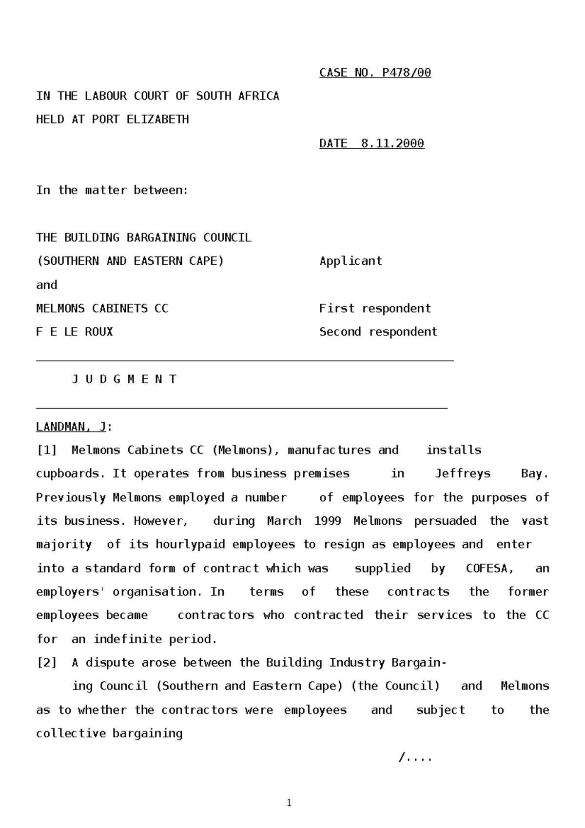 Building Bargaining Council v Melmon's Cabinets - CASE NO. P478/ IN THE ...