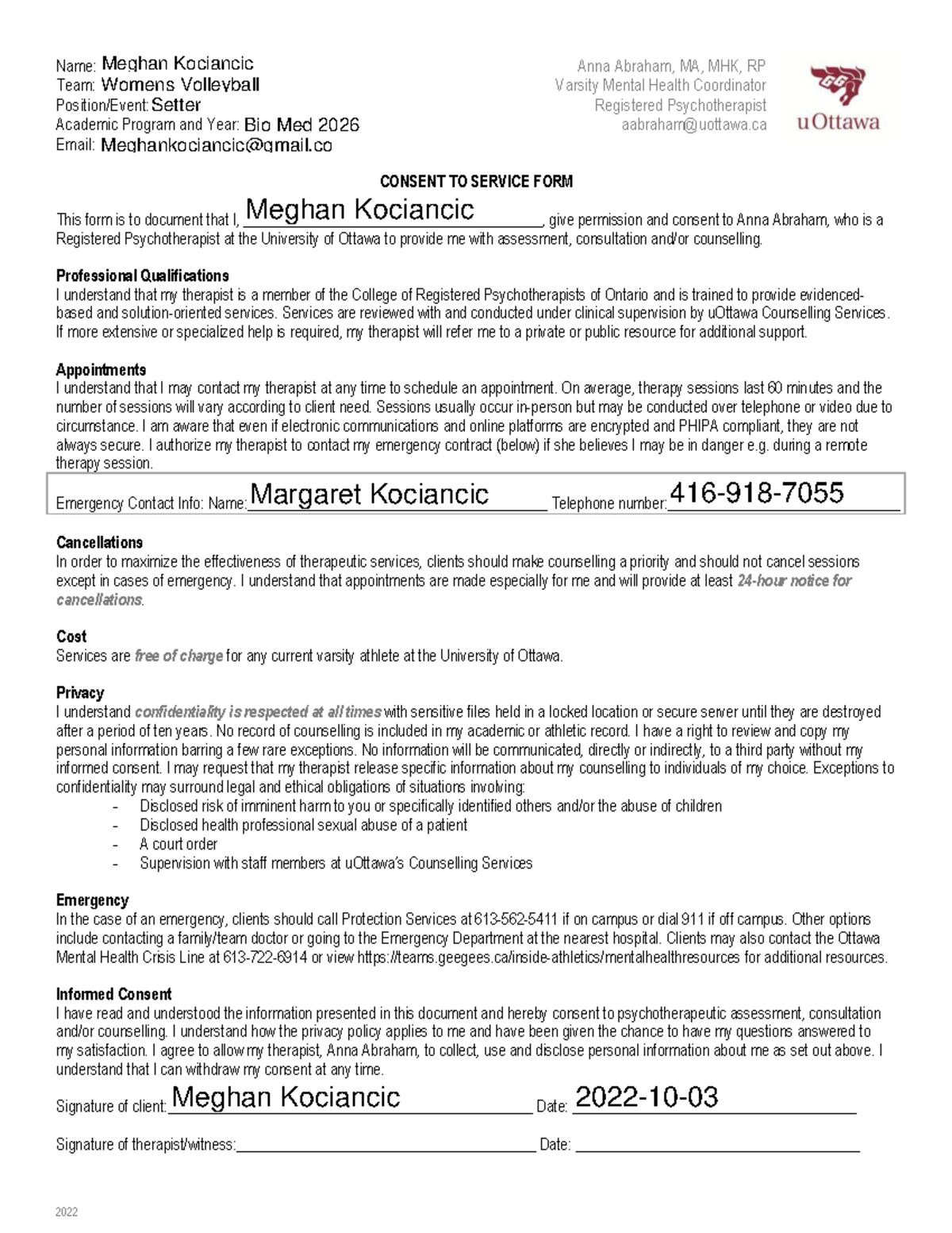 GGs - consent form - Lecture notes - Name: Anna Abraham, MA, MHK, RP ...