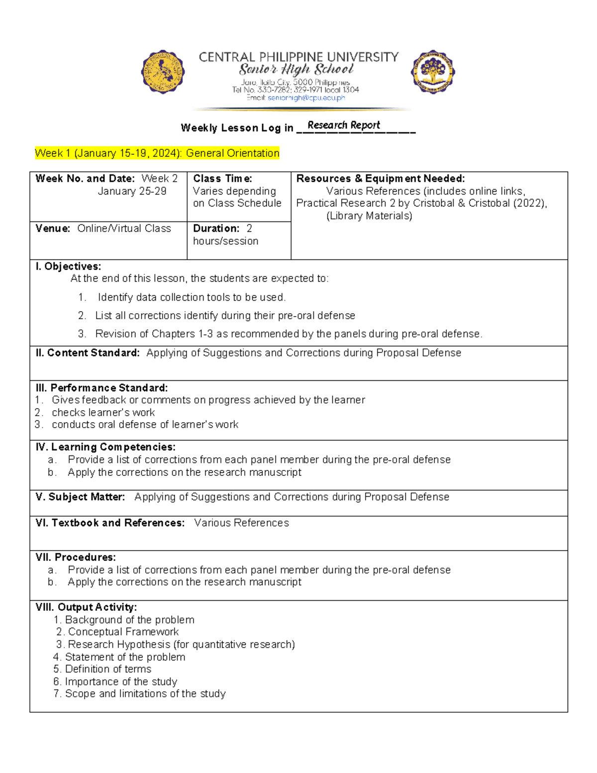 Wll Research Report 2023 2024 Weekly Lesson Log In
