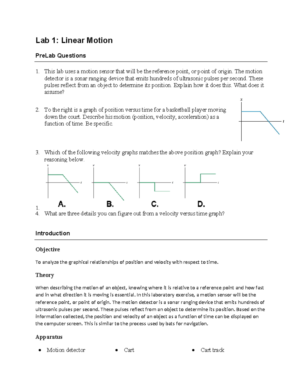 Lab 1 write up for physics 211L - Lab 1: Linear Motion PreLab Questions ...