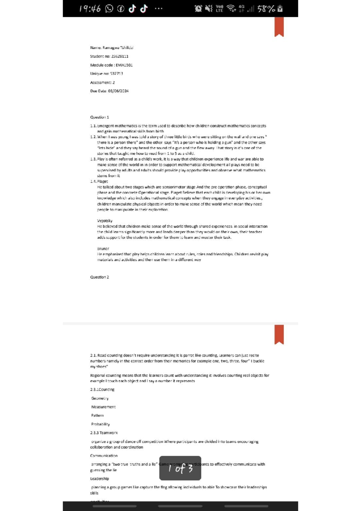 Ema assessment 2 - 19:46 Vo)) 4G LTÉ Name: Ramagwa Tshilidzi Student no: Module code EMA1501 ...